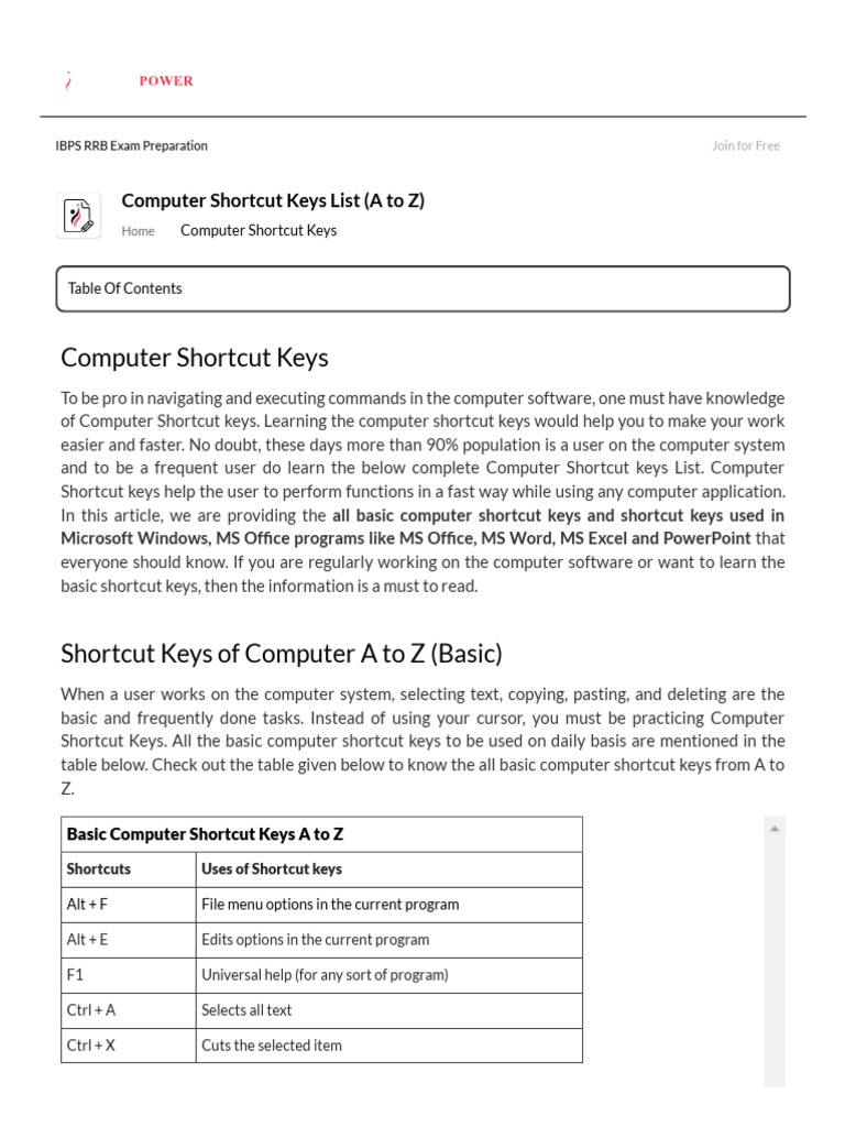 Computer Shortcut Keys List (A To Z) | PDF | Keyboard Shortcut ...