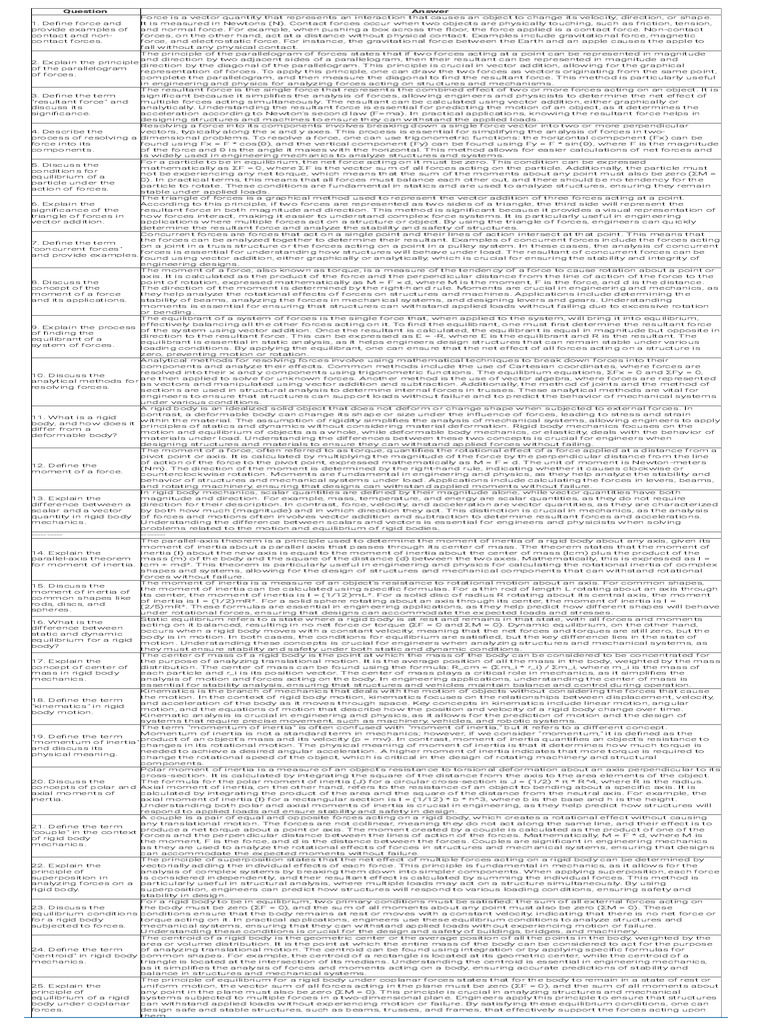 Engineering Mechanics Top 50 Questions | PDF | Friction | Force