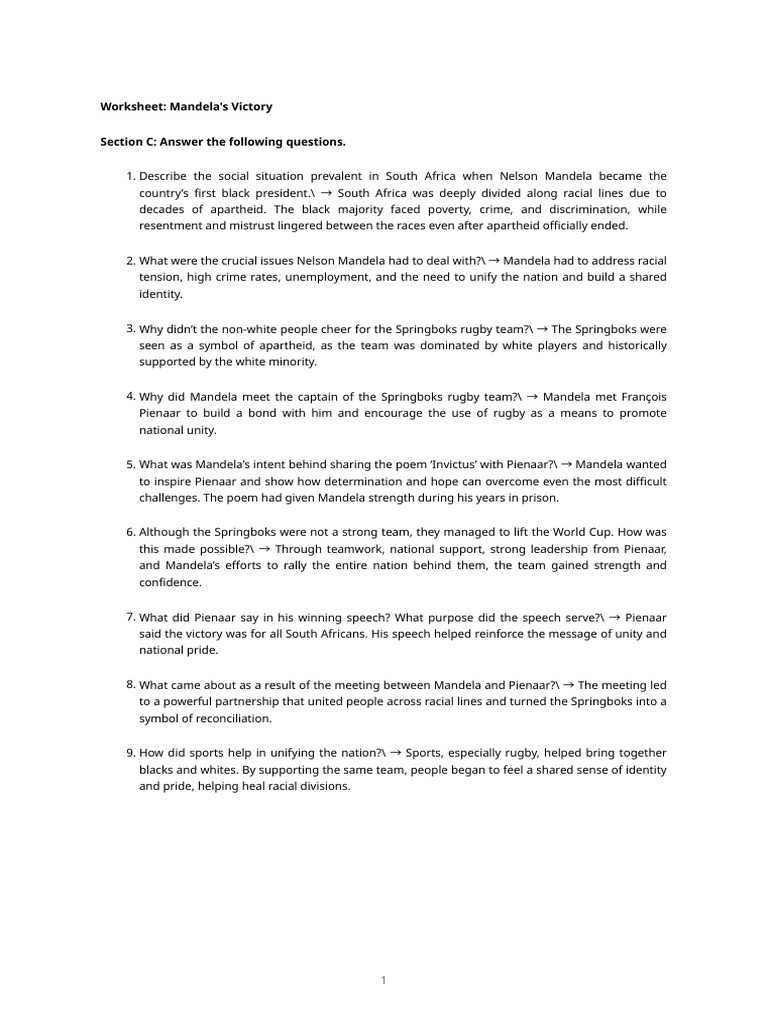 Mandelas Victory Worksheet | PDF | Nelson Mandela | South Africa ...