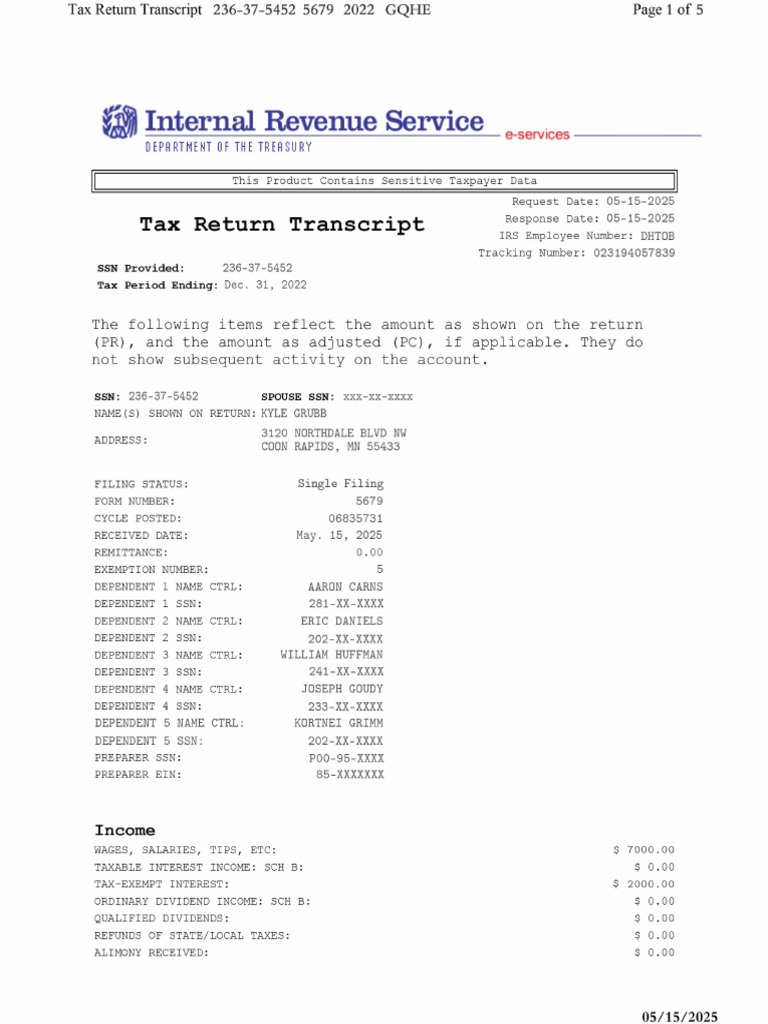 2022 Tax Return Transcript | PDF
