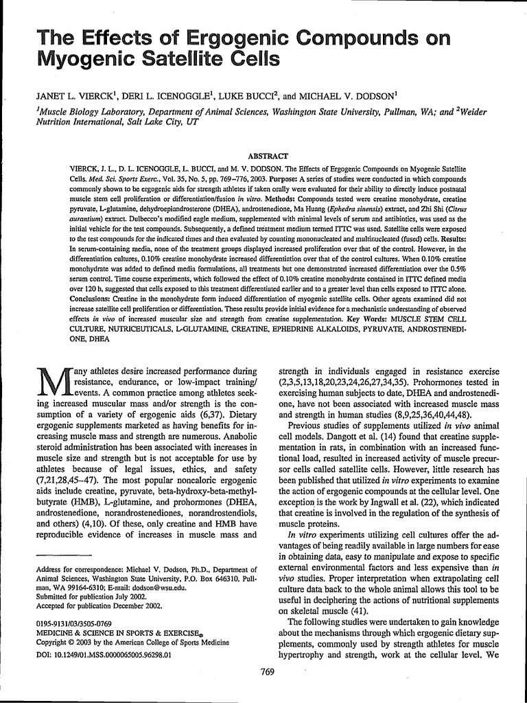 The Effects of Ergogenic Compounds On Myogenic Satellite Cells. | PDF