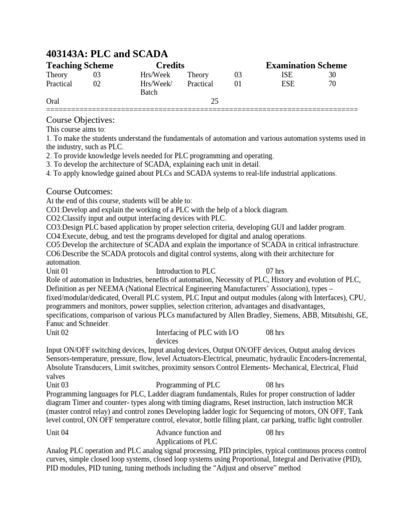 BE Electrical Engineering Syllabus 2019. - PLC and SCADA Applications PDF | PDF | Programmable ...