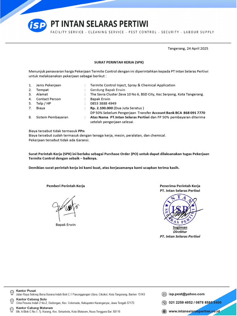 009 Surat Pengantar Dan SPK Termite Control Bapak Erwin | PDF