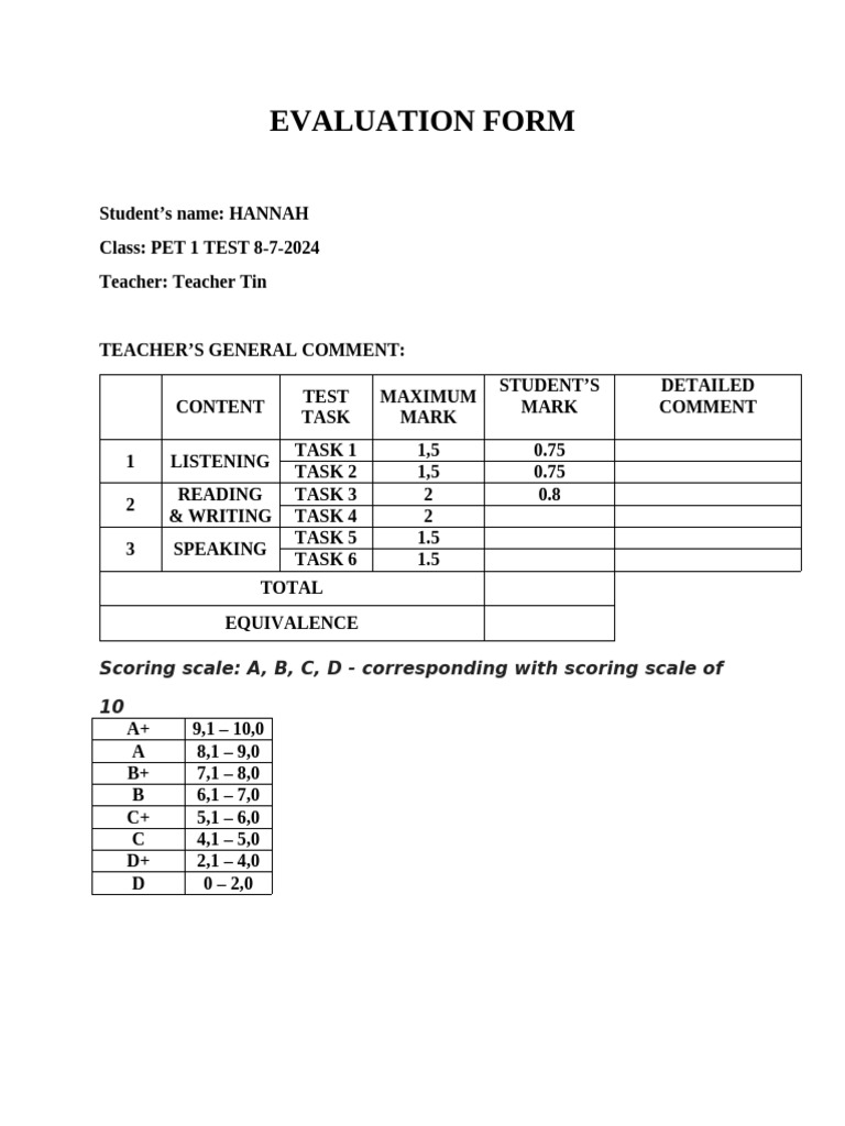 Student Evaluation Form for PET 1 Test | PDF