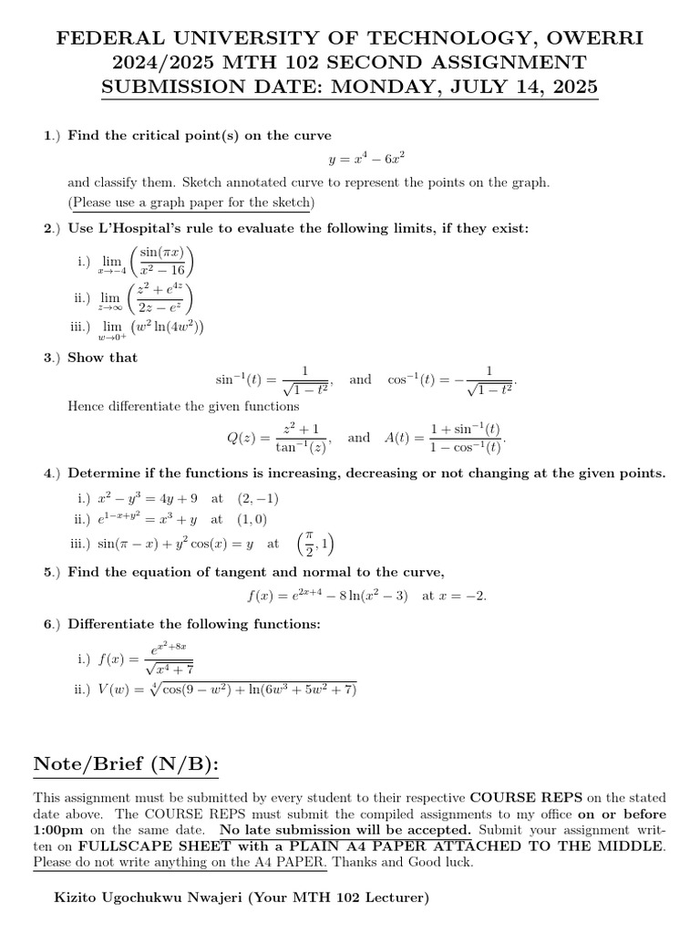 MTH 102 Second Assignment | PDF | Mathematical Analysis | Mathematical Physics