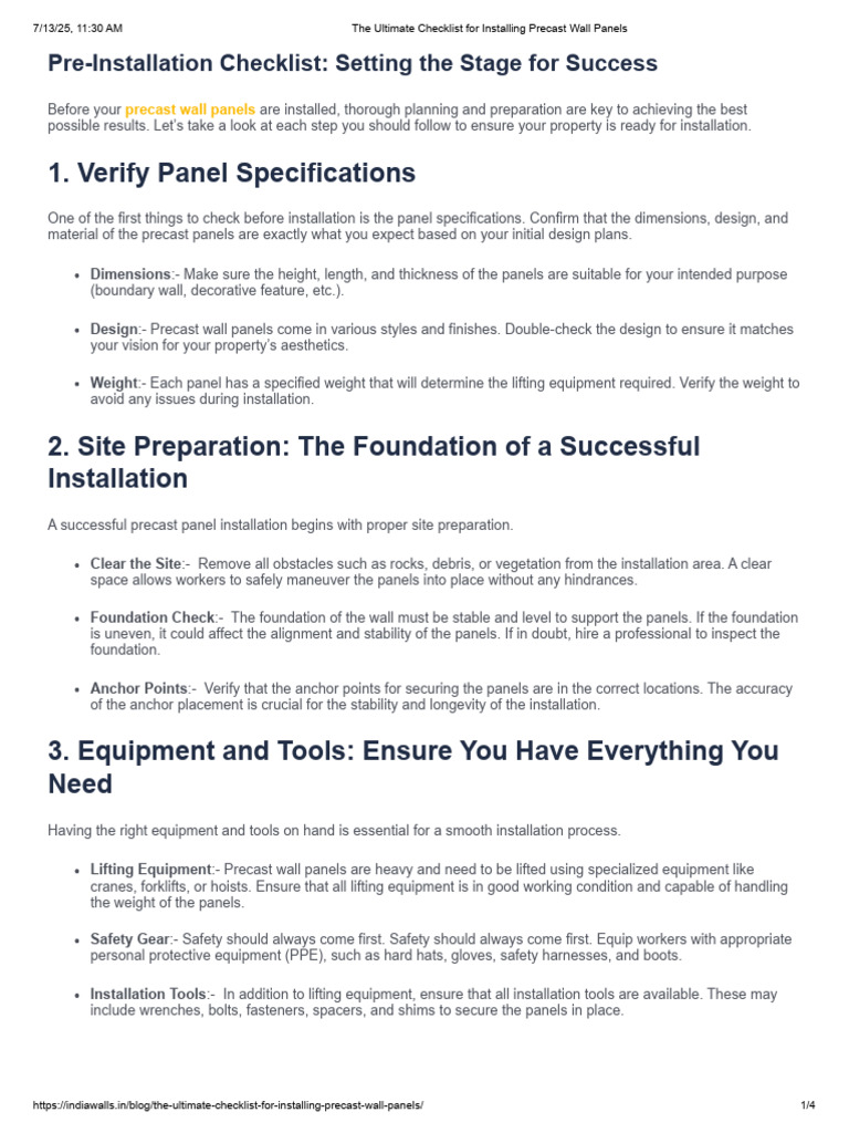 Precast Wall Installation Checklist | PDF | Precast Concrete | Wall