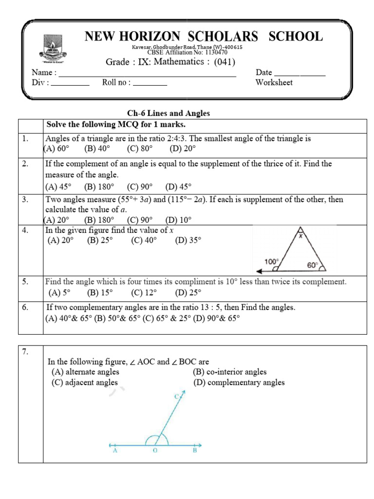 Worksheet CH.6. Lines and Angles | PDF | Angle | Classical Geometry