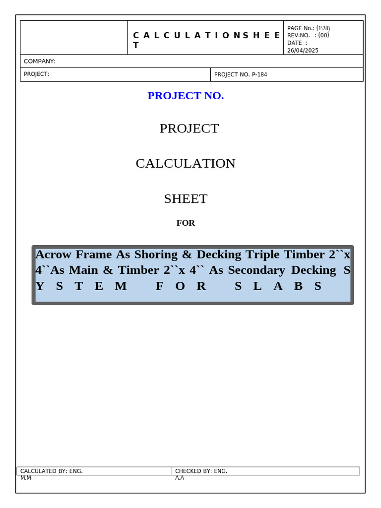 Acrow Frame Shoring Calculation Sheet | PDF | Bending | Scaffolding