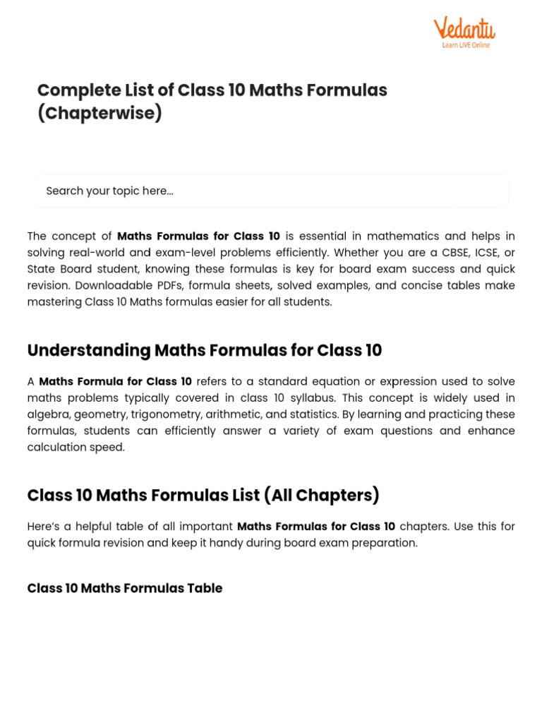 Complete List of Class 10 Maths Formulas (Chapterwise) | PDF