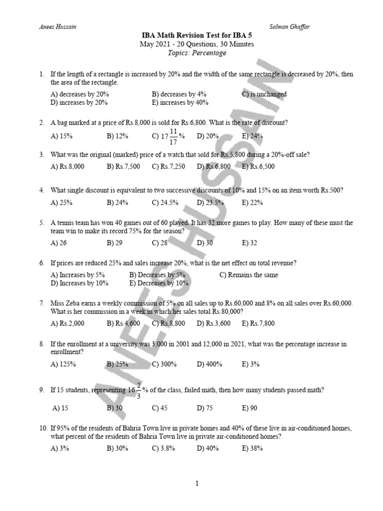 IBA Math Revision Test: Percentage Questions | PDF | Percentage