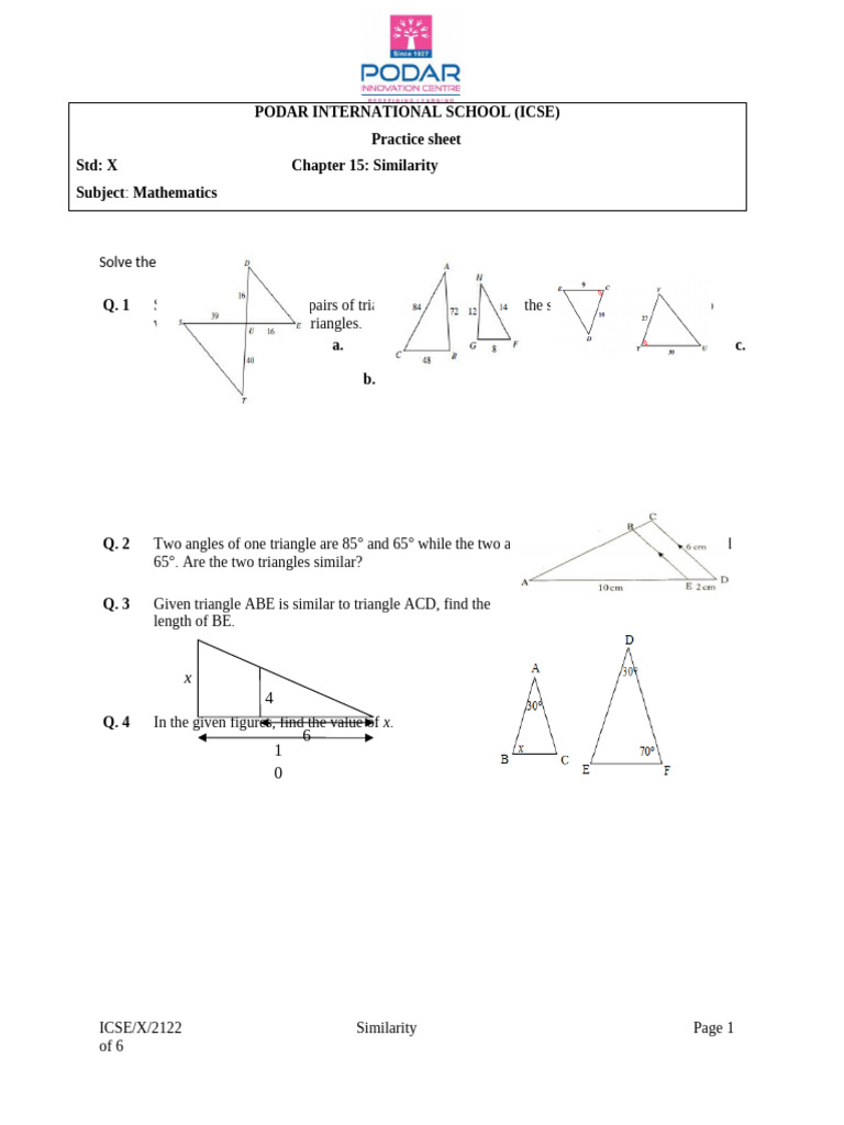 ICSE Std X Mathematics: Similarity Practice | PDF | Area | Triangle