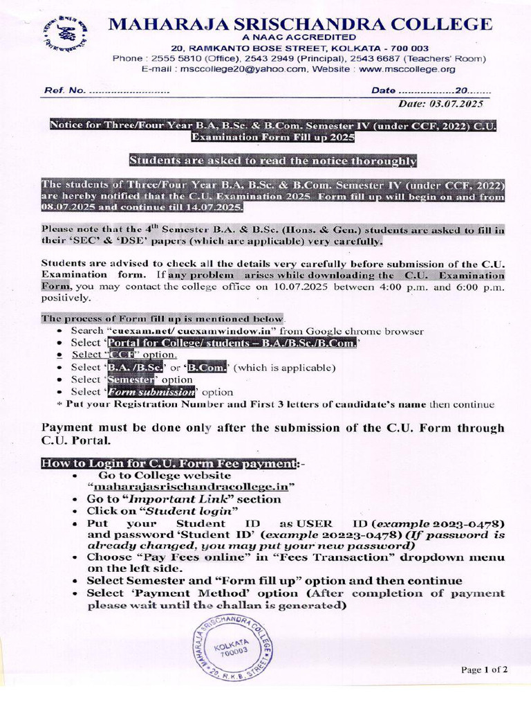 Notice For C.U. Exam. Form Fill Up of 4th Semester (Under CCF ...
