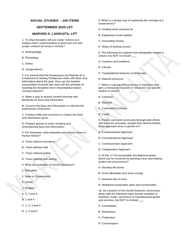 150 Social Studies Questions for LET 2025 | PDF | Philippines