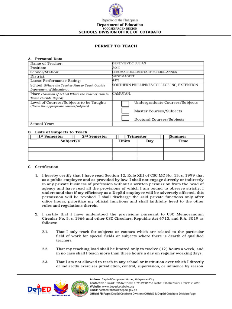 Teacher Permit Application - Cotabato | PDF | Government | Justice