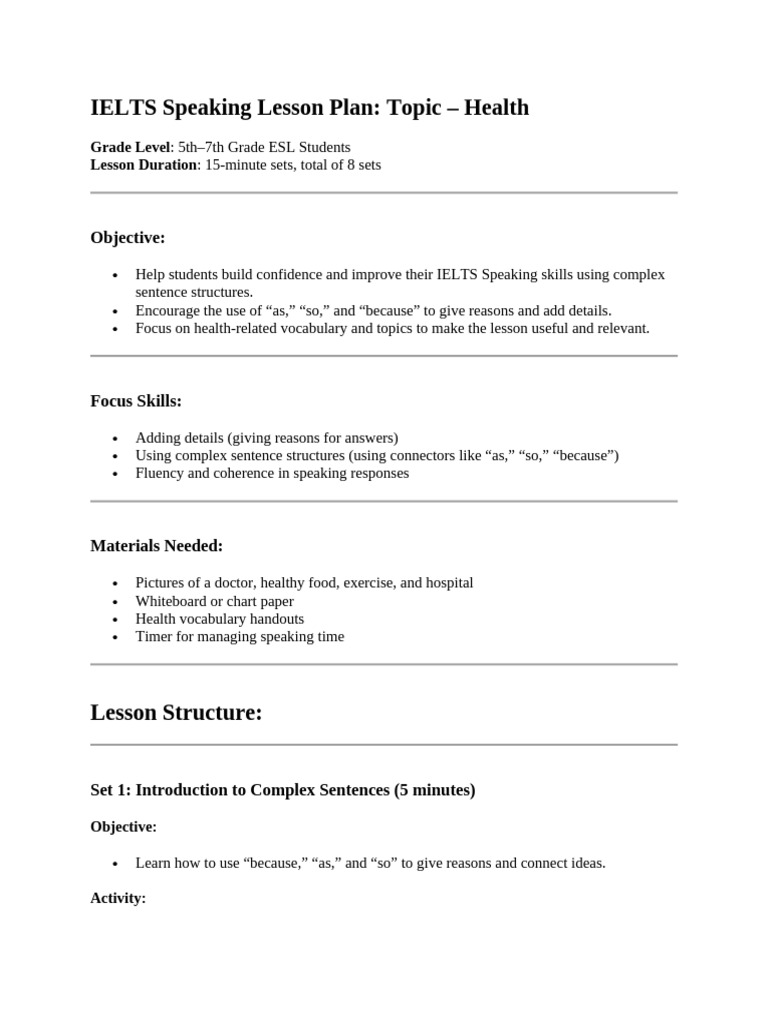 IELTS Speaking Lesson Health | PDF | Health Care | Medicine