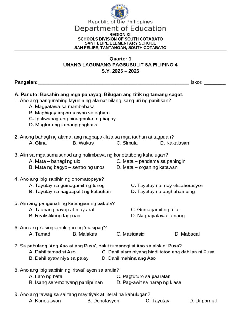 FILIPINO 4 1st Summative Test | PDF