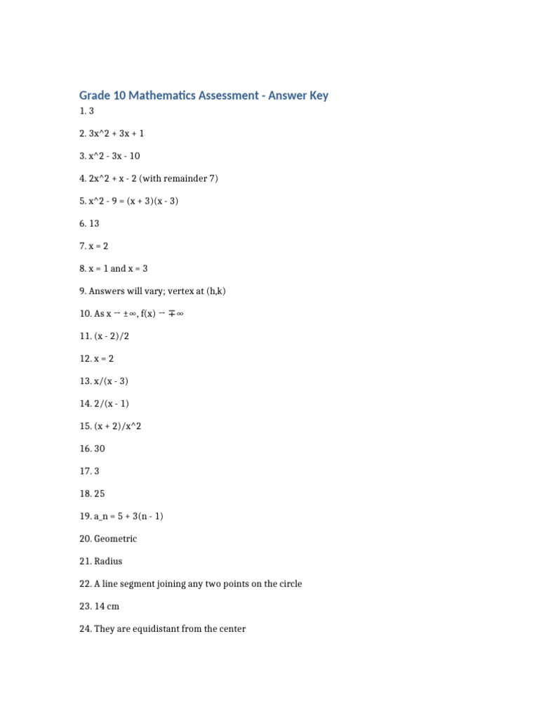 Grade10 Math Answer Key | PDF