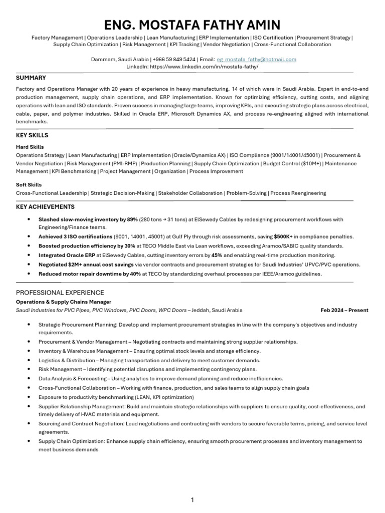 Factory & Operation Manager (Eng. Mostafa Fathy) | PDF | Supply Chain ...