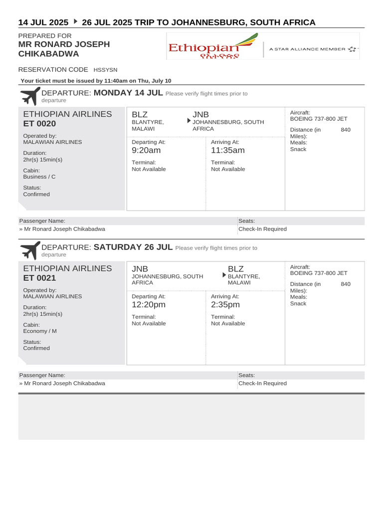 Travel Reservation July 14 For MR RONARD JOSEPH CHIKABADWA | PDF ...