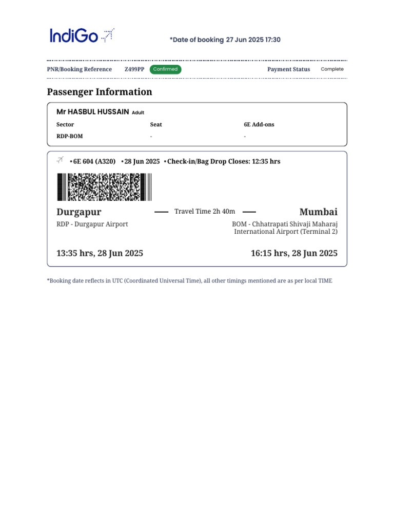 MR Hasbul Hussain RDP-BOM Itinerary | PDF | Airport | Travel Visa