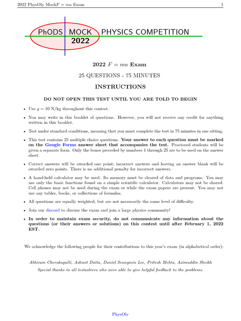 2022 PhysOly F=ma Mock Exam Guide | PDF | Force | Collision