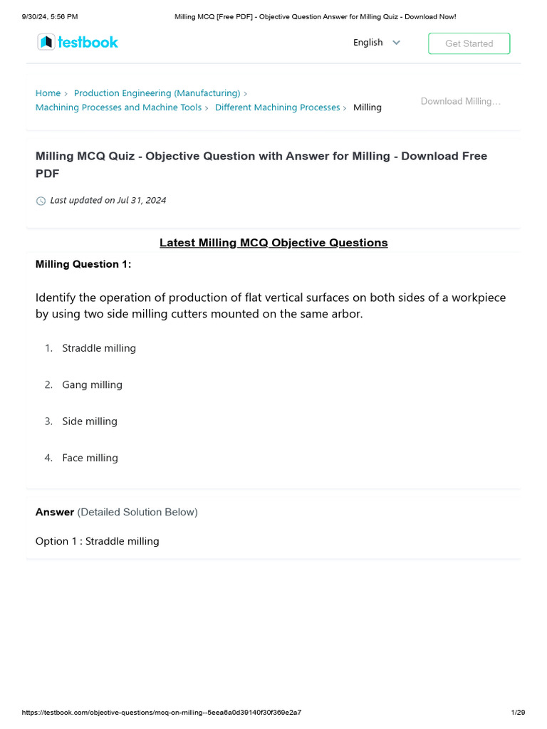 Milling MCQ (Free PDF) - Objective Question Answer For Milling Quiz ...