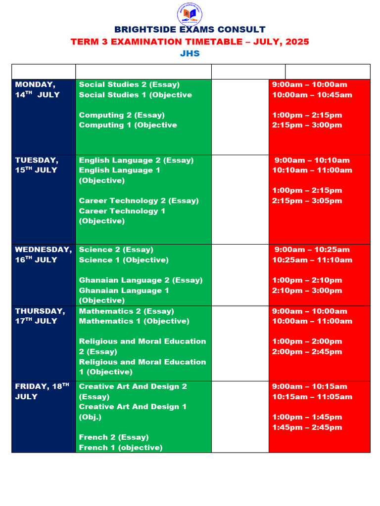 Term 3 Exams - Jhs Timetable, July, 2025 | PDF