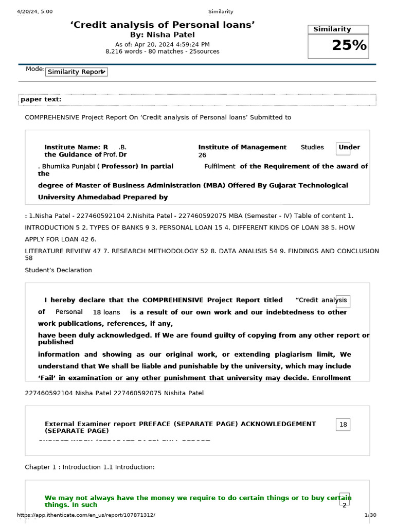 Similarity Report - Nisha Patel (Rework) | PDF | Loans | Unsecured Debt