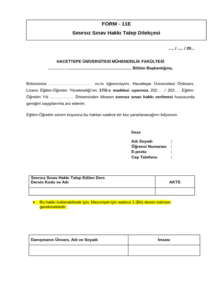 FORM 11E Azami Suresini Dolduran Öğrencilerin Sinirsiz Sinv Hakki Talep ...