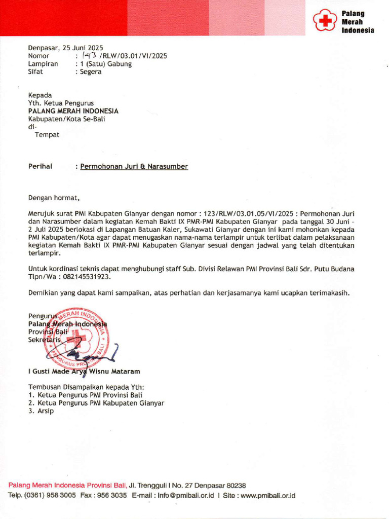 Surat Permohonan Juri Kemah Bakti PMR PMI Kab Gianyar | PDF