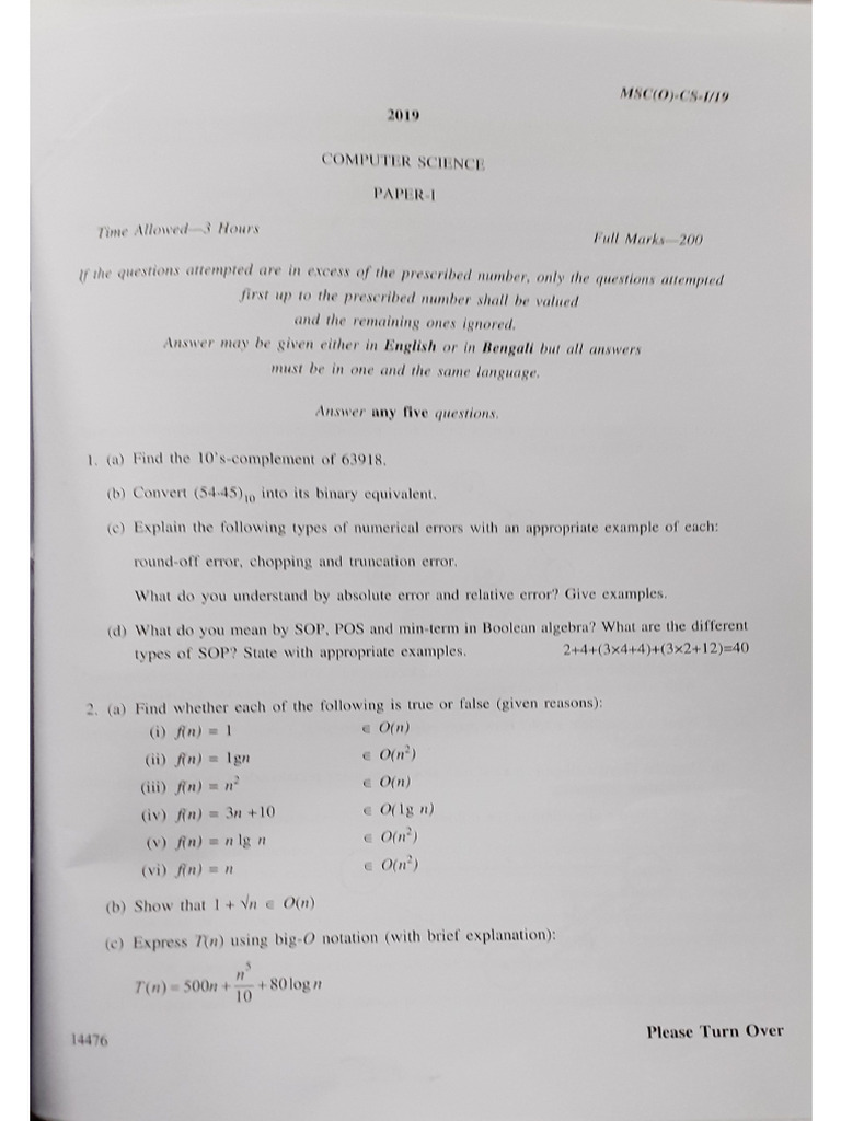 W.B.C.S. Main Examination 2019 Optional Computer Science Question Paper 1 | PDF
