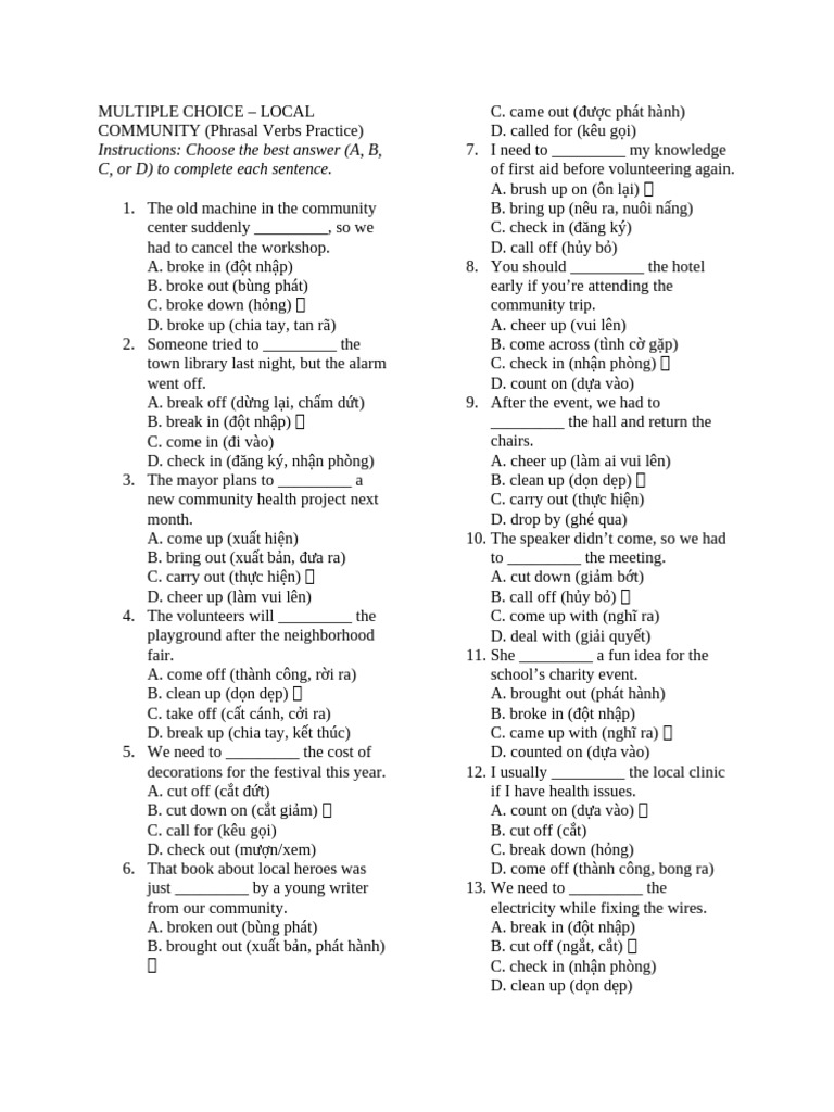 Multiple Choice Key Phrasal Verb | PDF