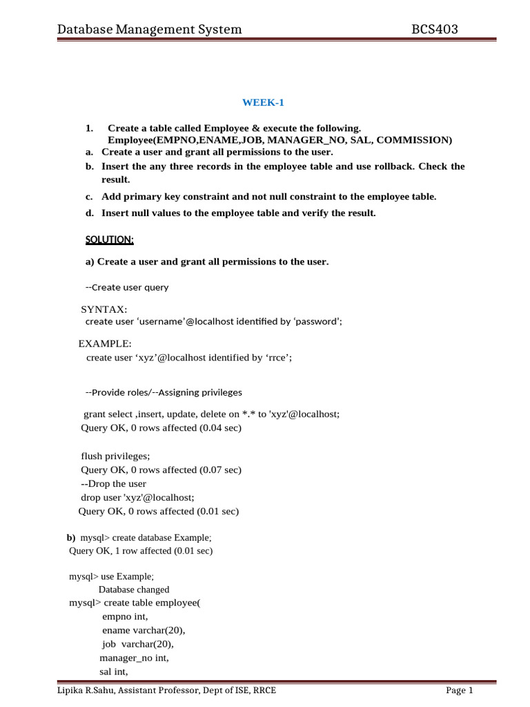 DBMS Lab 4th SEM Manual Week 1,2,3,4,5 | PDF | Databases | Table (Database)