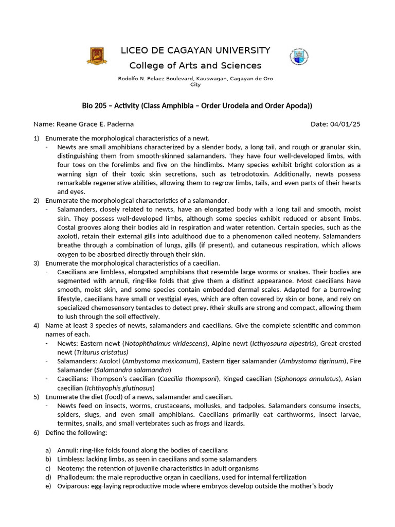 BIO 205 Activity Class Amphibia O. UroApo | PDF | Amphibian | Aquatic ...