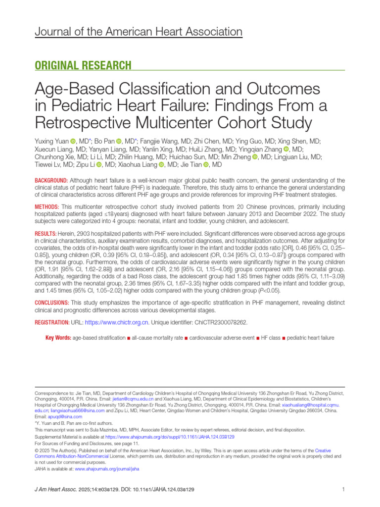 Age Based Classification and Outcomes in Pediatric Heart (American ...