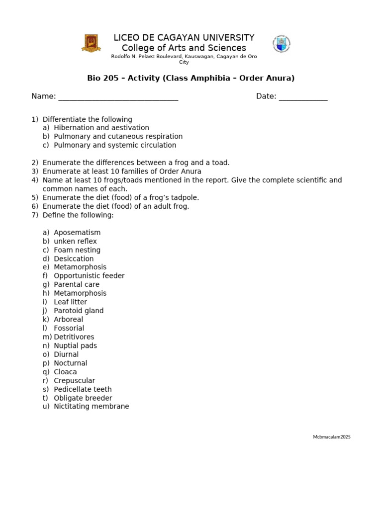 BIO 205 Activity Class Amphibia Order Anura | PDF
