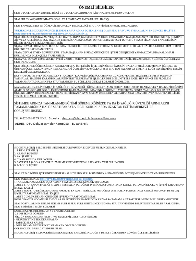 Staj Ile Ilgili Onemli Bilgiler | PDF