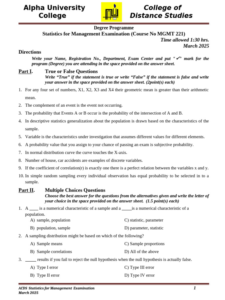 Statistics for Management Exam Guide | PDF | Hypothesis | Mean