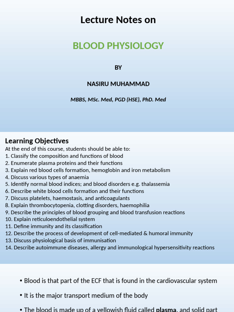 Student Lecture (Blood Physiology) | PDF | Coagulation | Immune System