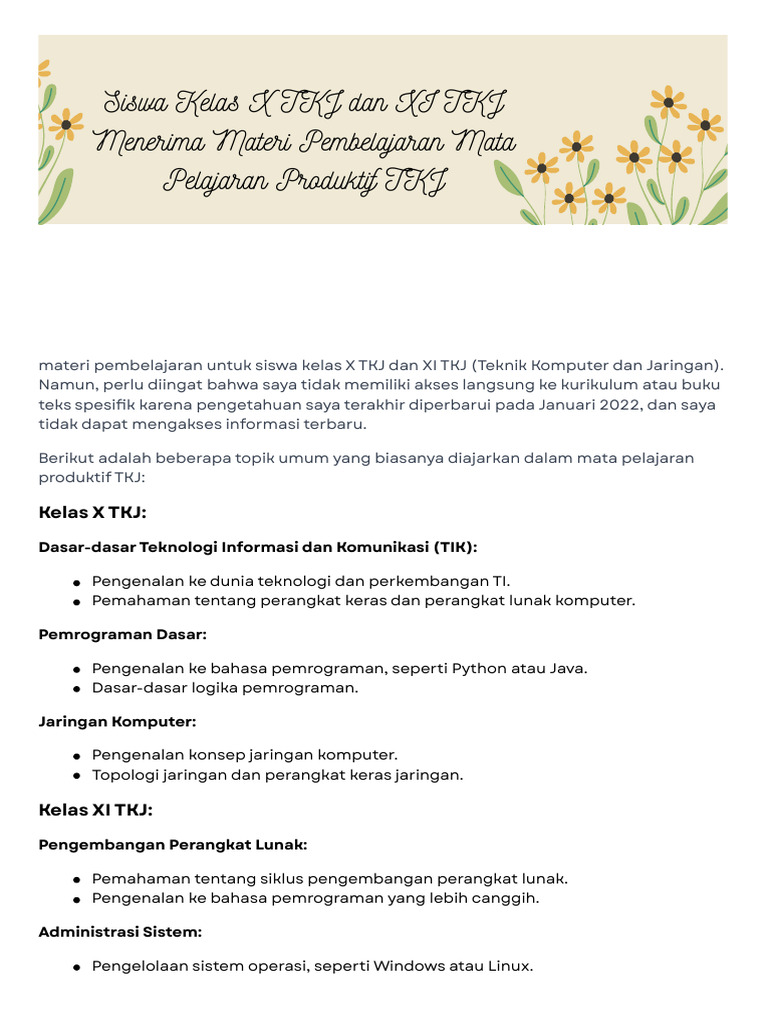 01 Siswa Kelas X TKJ Dan XI TKJ Menerima Materi Pembelajaran Mata Pelajaran Produktif TKJ | PDF