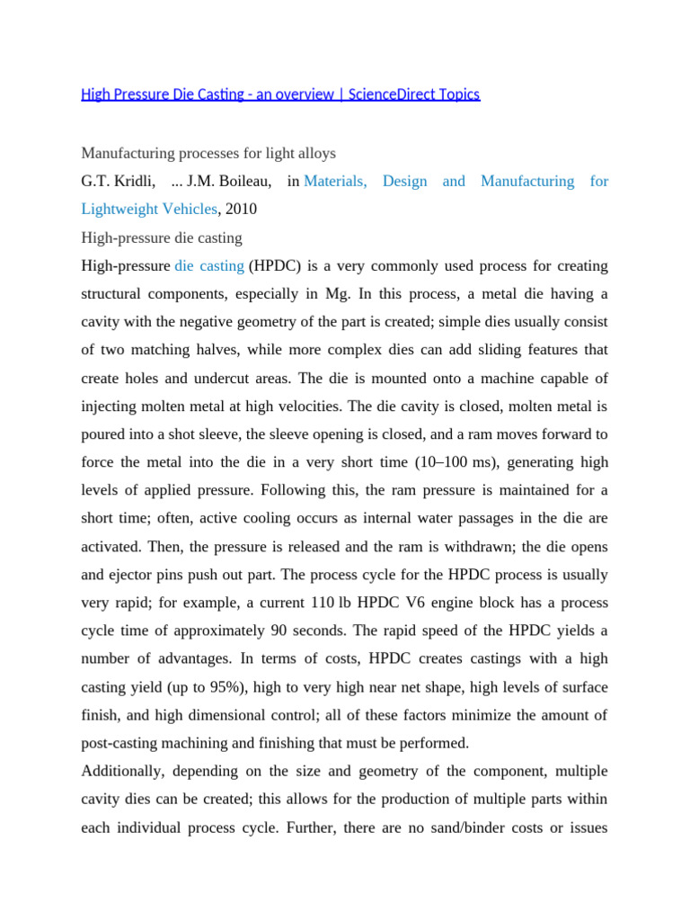 High Pressure Die Casting & MFT Process | PDF | Casting | Alloy