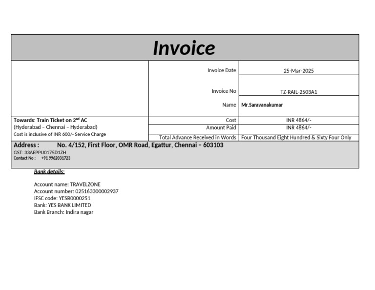 Train Ticket Invoice for Mr. Saravanakumar | PDF