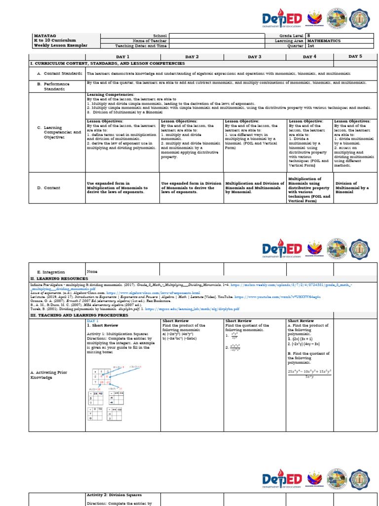 Quarter 1-Week 3-LEsson - Daily Lesson Log Mathematics 8 | PDF | Division (Mathematics) | Polynomial