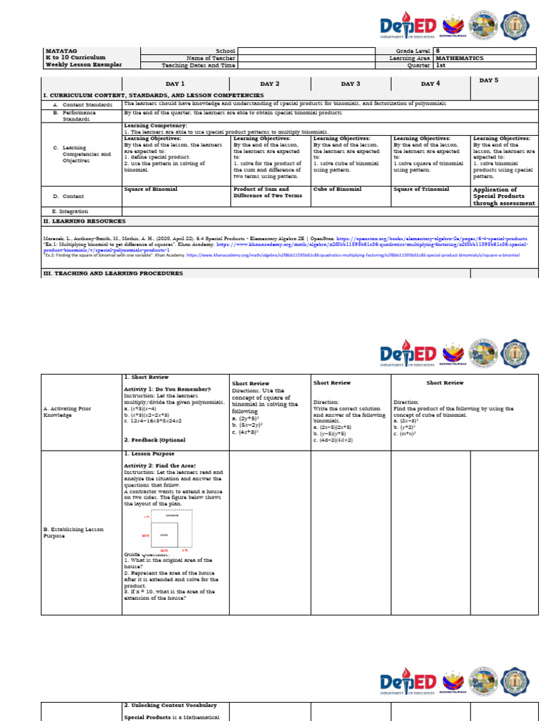 Quarter 1-Week 4-LEsson - Daily Lesson Log Mathematics 8 | PDF | Factorization | Mathematics