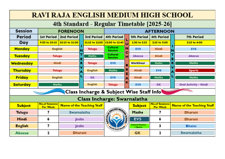 4th Standard Timetable 2025-26 | PDF