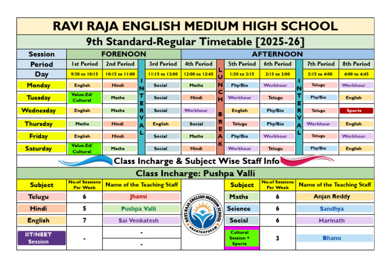 9th Class Timetable 2025-26 | PDF