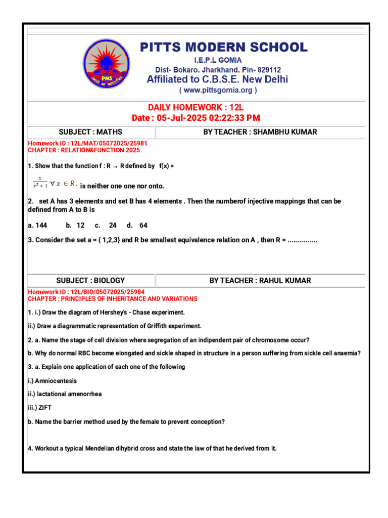 Maths - Bio HW 12L 05.07.25 | PDF
