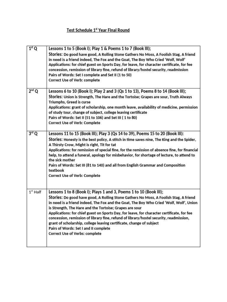 1st Year Final Exam Test Schedule | PDF