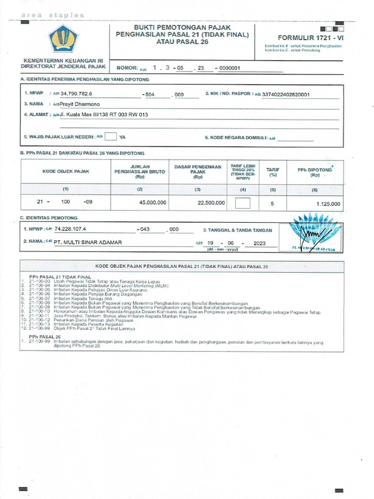 Bukti Potong PPH 21 Bapak Prayit Dharmono | PDF