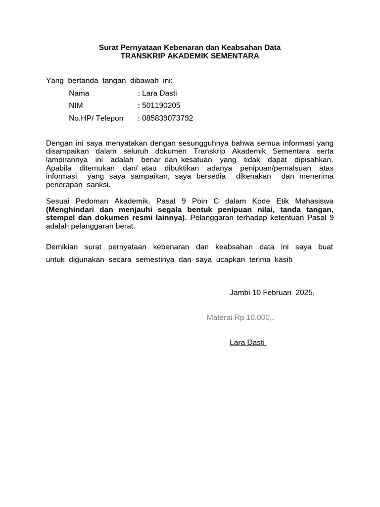 Surat Pernyataan Kebenaran Dan Keabsahan Data | PDF
